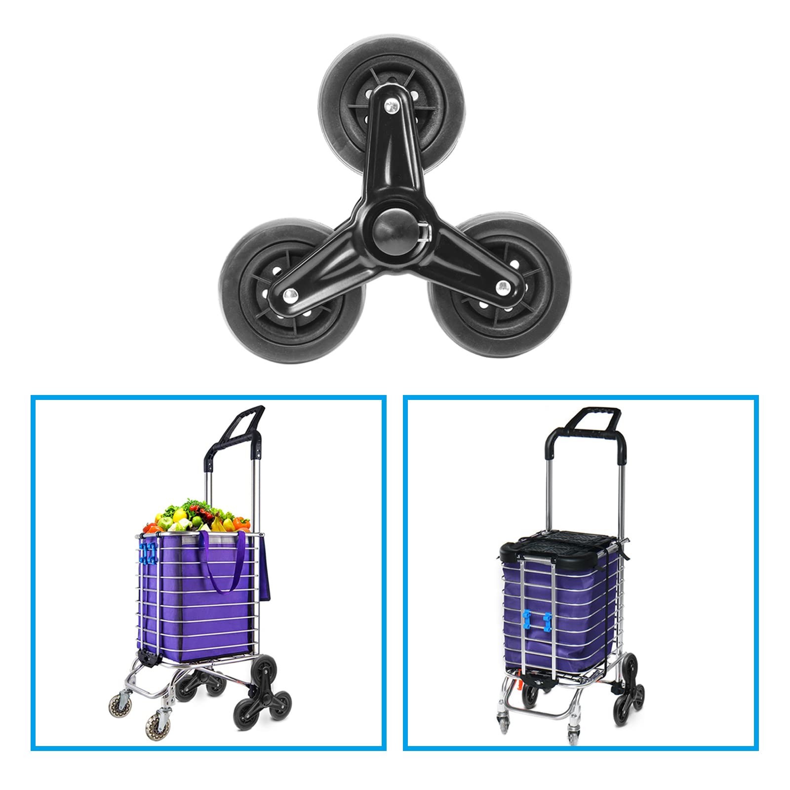 Suiwotin 2pcs Shopping Cart Stair Climbing Wheels Replacement, Rubber Tri-Wheels for Folding Grocery Cart, Portable Stair Climber Utility Cart Stair Wheels (Black)