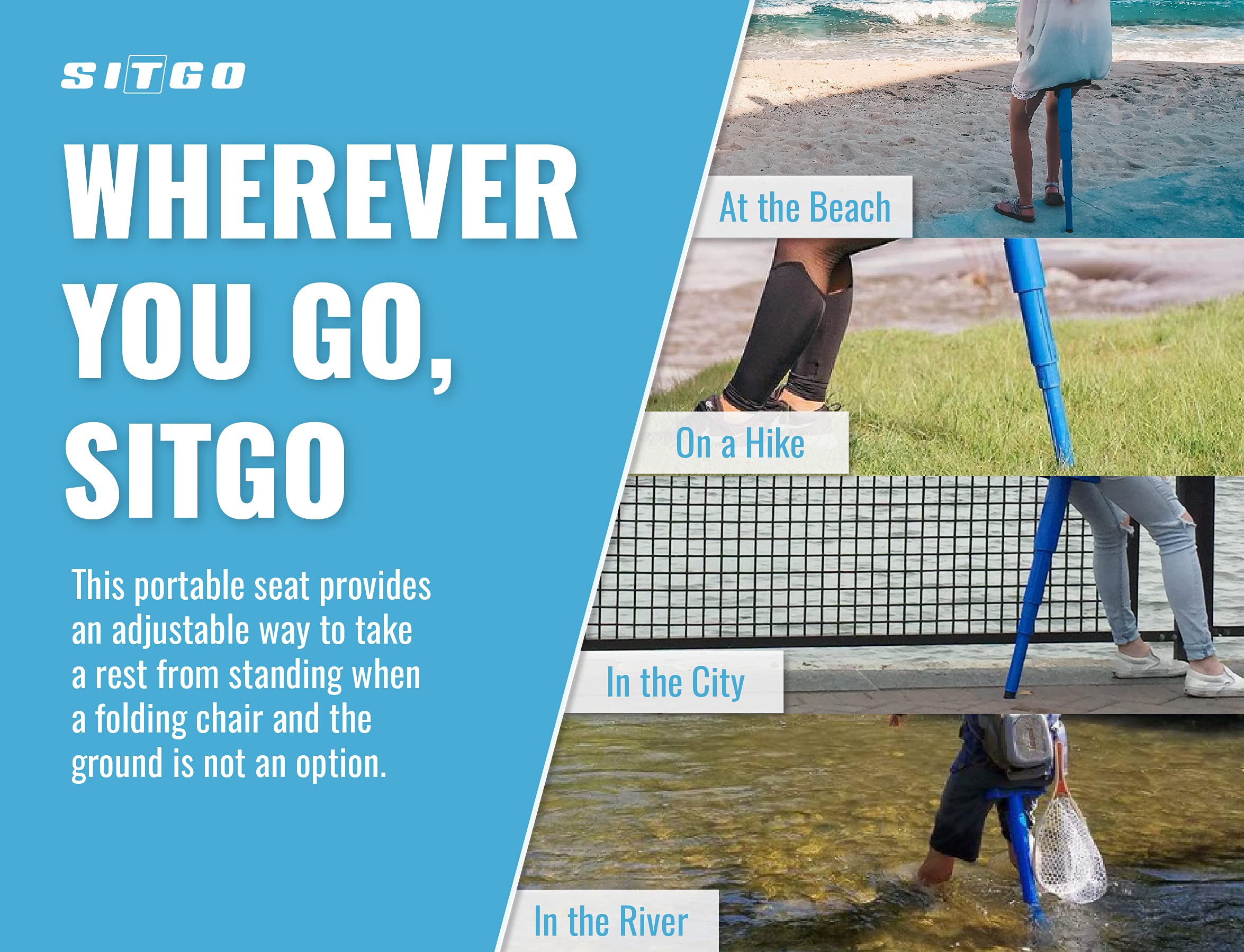 SITGO Portable Travel Stool - A Compact Collapsible Stool with a Telescoping Neck to Adjust Seating Height & Supports Up to 300lbs - Perfect Folding Stool for Festivals, Travel, and Office - Blue