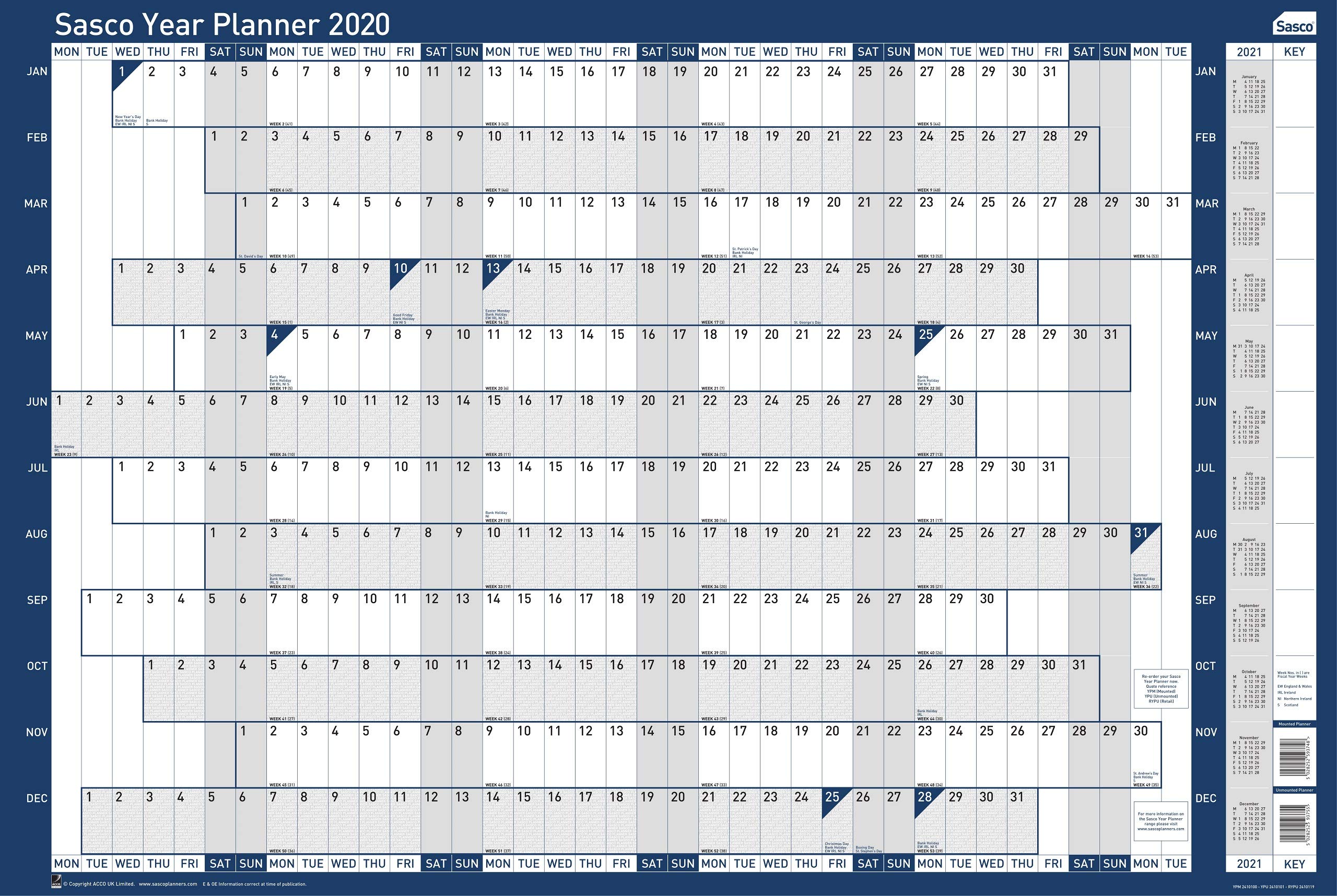 Sasco 2410100 2020 Board Mounted Year and A1 Wall Planner with Wet Wipe Pen & Sticker Pack, 610 x 915 mm (H x W)