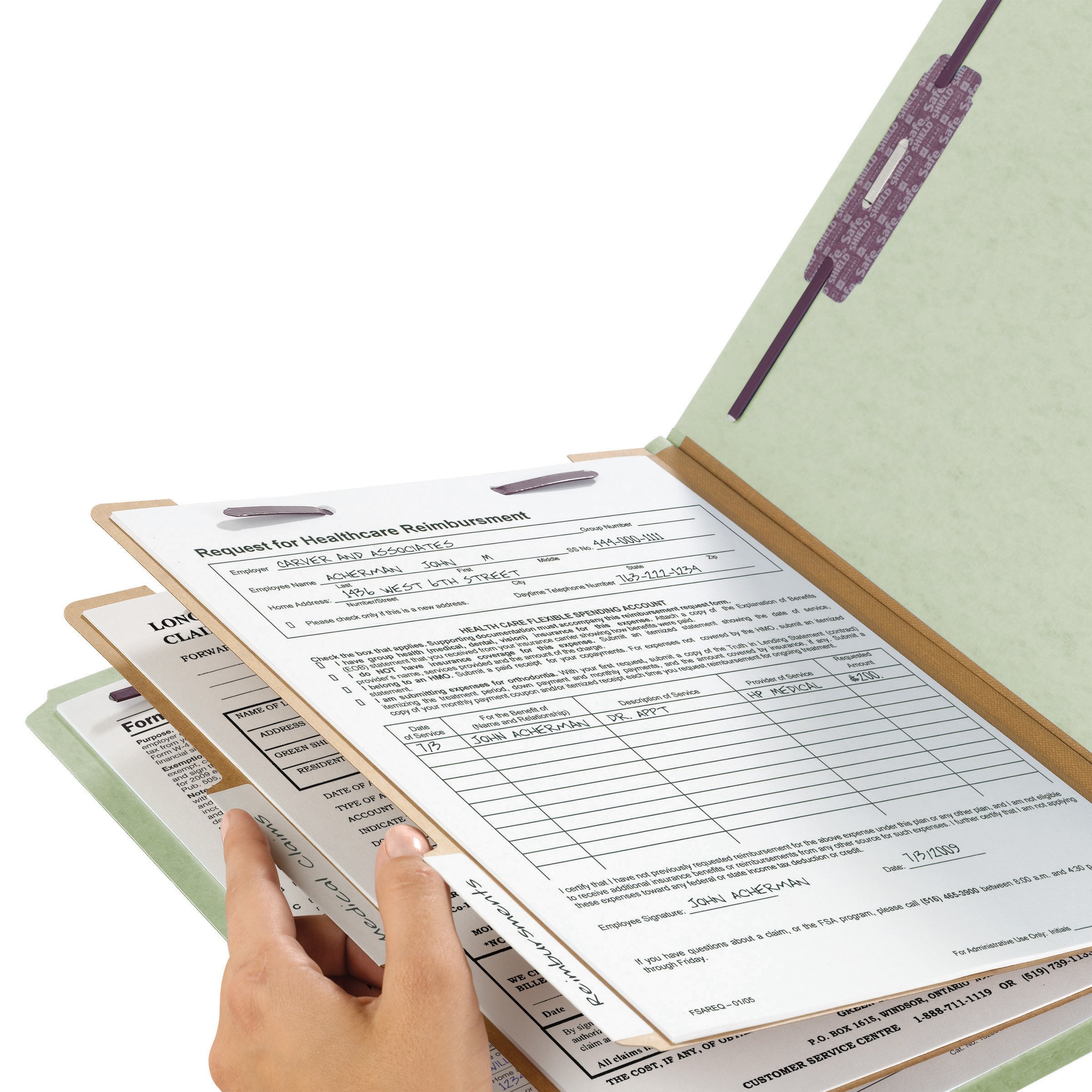 Smead Pressboard Classification Folder with SafeSHIELD Fasteners, 2 Dividers, 2" Expansion, Letter Size, Gray/Green, Pack of 20 (14074)