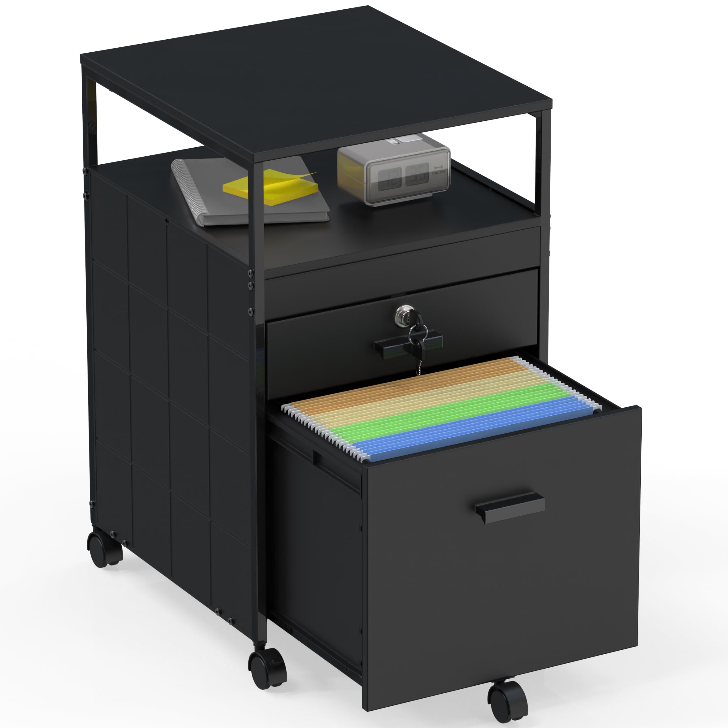 SHW Rolling File Cabinet w/ 2 Drawers & Open Shelf, Black