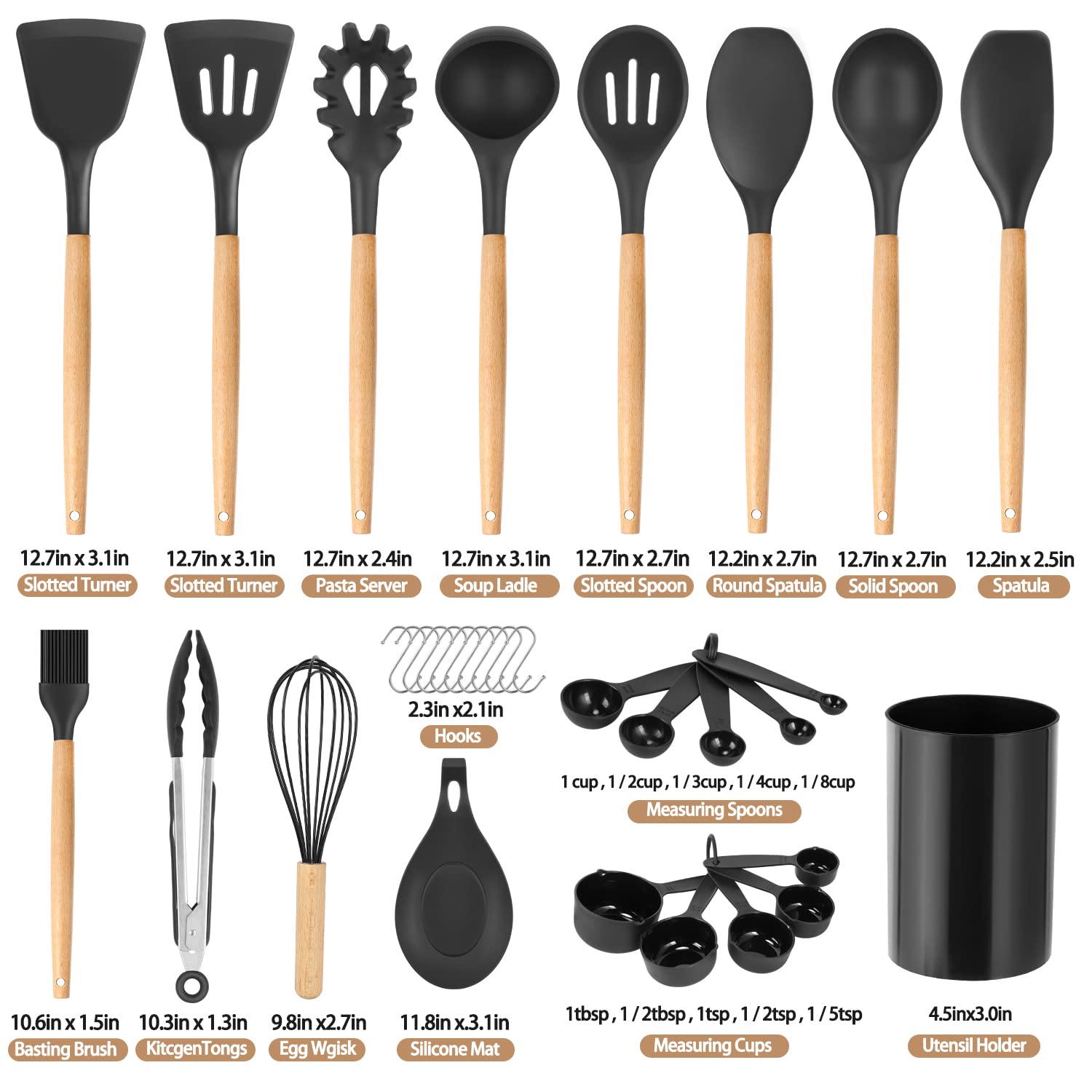 Silicone Kitchen Cooking Utensils Set - 33pcs Heat Resistant Kitchen Utensils Spatula Serving Spoons Set with Wooden Handle, Kitchen Essentials Gadgets w Holder for Nonstick Cookware Dishwasher Safe