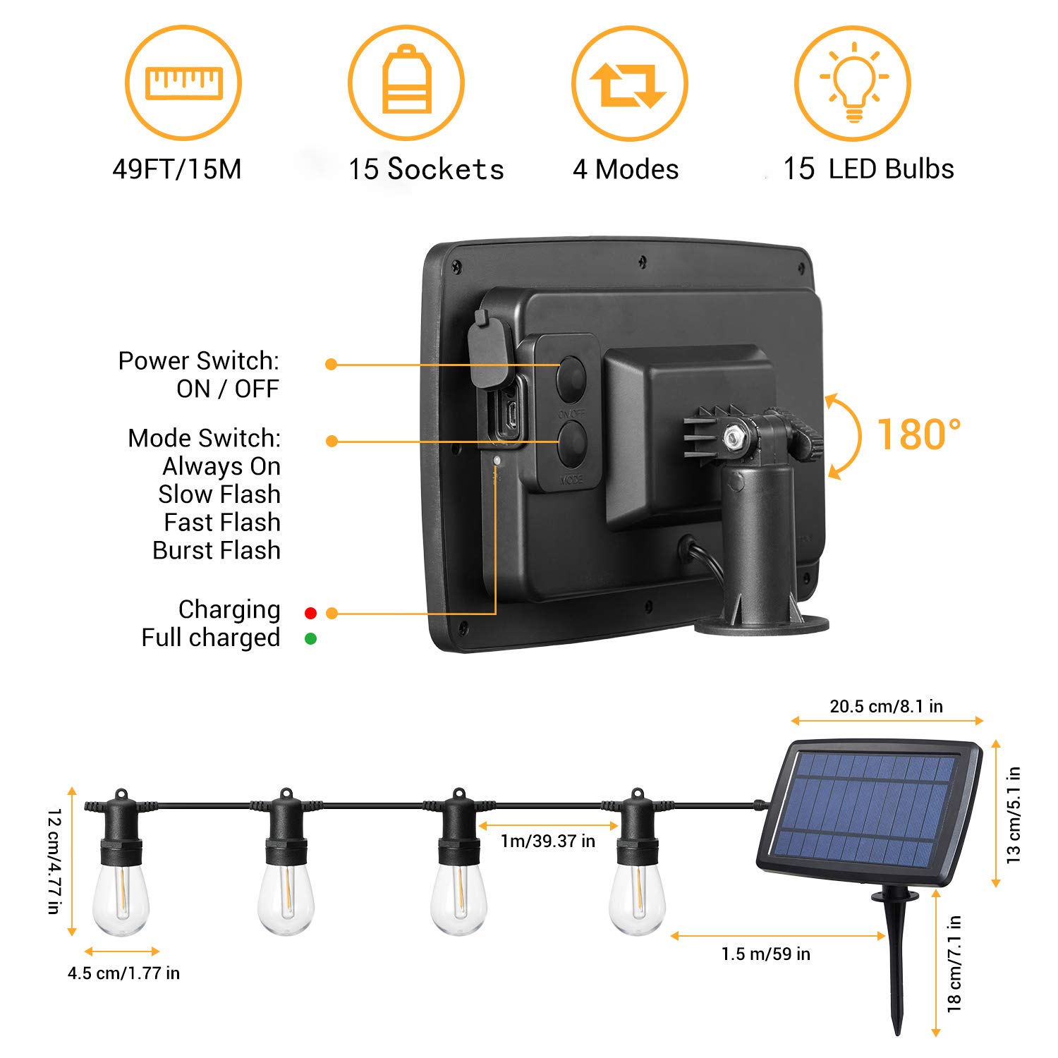 Solar String Lights Outdoor for Patio - 49 Ft 16 Shatterproof Bulbs (1 Spare) S14 LED Solar String Lights Outdoor Waterproof with 4 Modes for Garden Backyard Porch Balcony Deck Gazebo Party Warm White