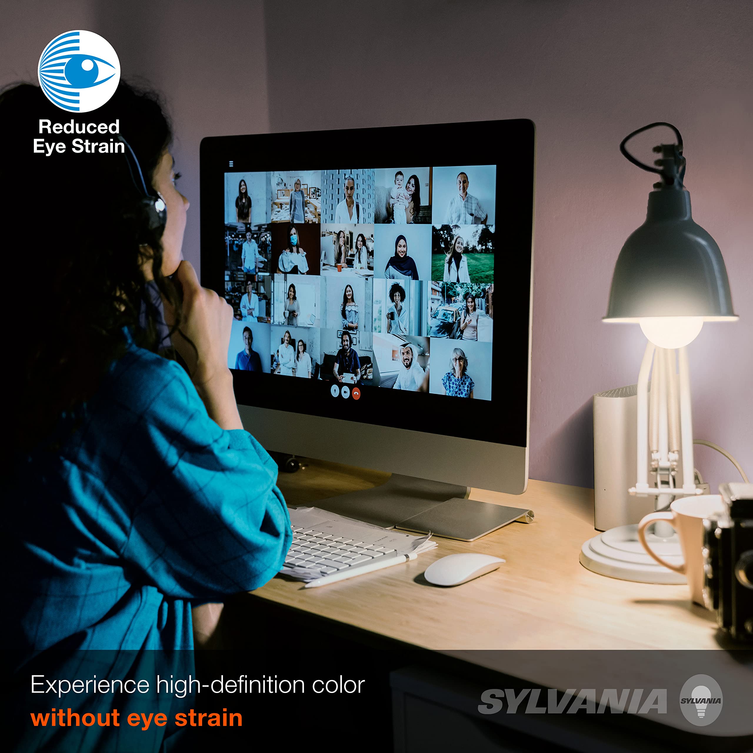 Sylvania LED Reduced Eye Strain A19 Light Bulb, 60W = 8W, 13 Year, Dimmable, Clear, 2700K, Soft White - 4 Pk