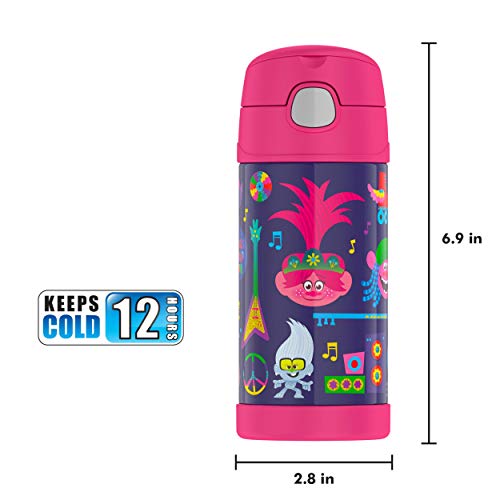 THERMOS FUNTAINER 12 Ounce Stainless Steel Vacuum Insulated Kids Straw Bottle, Trolls