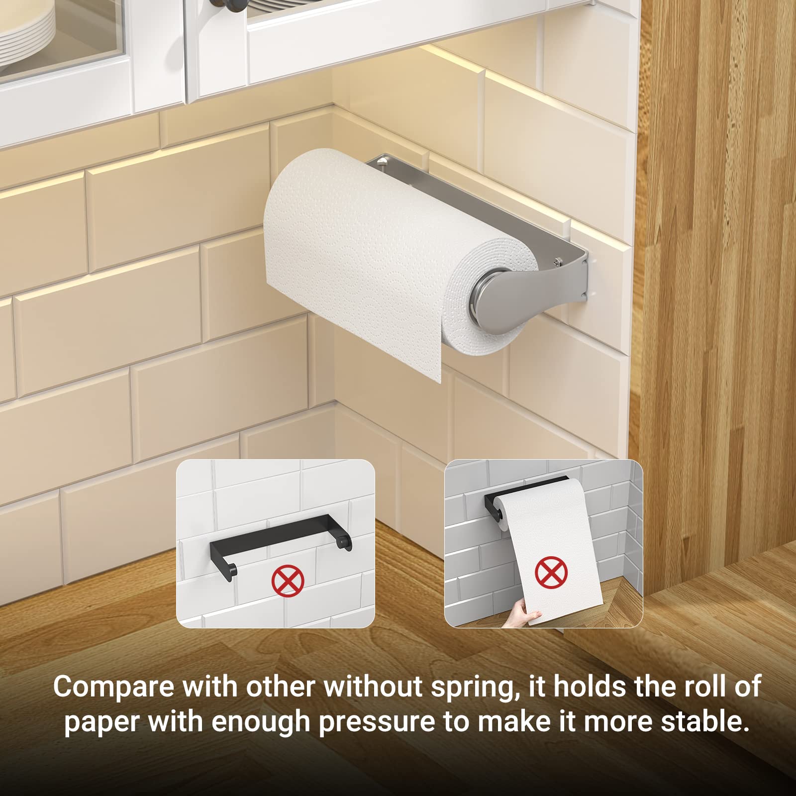 Swaitee Paper Towel Holder, One Hand Tear Paper Towel Holder Under Cabinet with Ring Spring, Stainless Steel Paper Holder Rack Adhesive or Wall Mount for Kitchen Bathroom