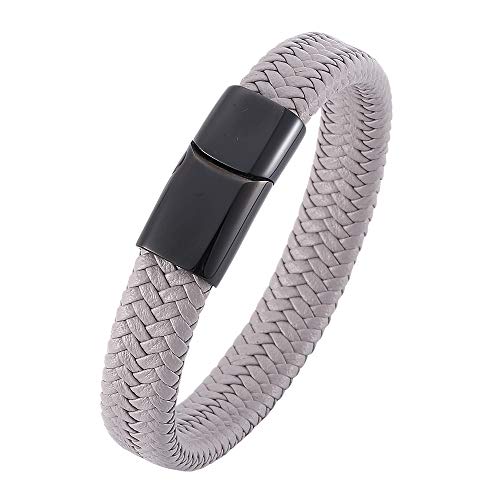 Xiausyang Simple style braided leather bracelet stainless steel inverted magnet buckle bracelet (Grey, 8)
