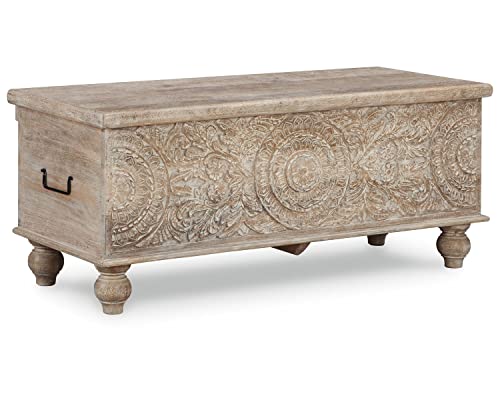 Signature Design by Ashley Fossile Ridge Boho Carved Wood Storage Bench with Hinge Top, Beige