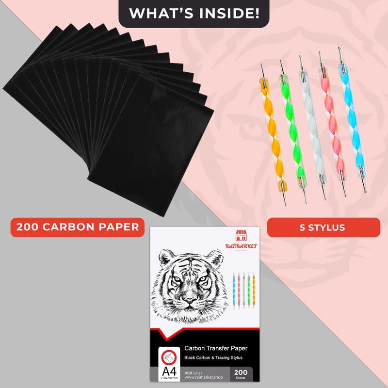 Raimarket 112 Pcs Black Carbon Paper for Tracing On Fabric, Wood and Sewing Includes 5 Tracing Paper for Sewing Patterns, 1 Pencil and 1 Lead Box, 5 Stylus, A4 Size (9 X 13) Graphite Transfer Paper