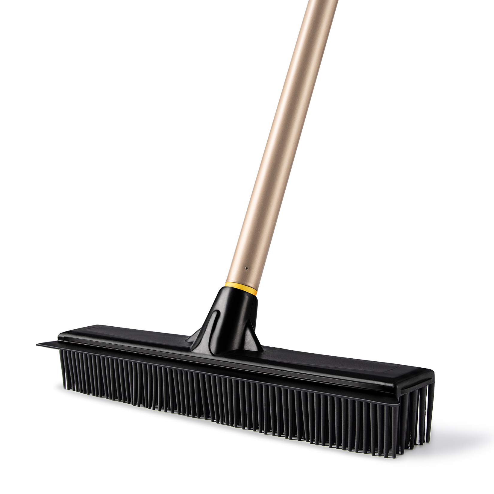 Yocada Rubber Broom Pet Hair Fur Removal Broom Soft Bristle Push Broom with Squeegee Telescoping Pole 42-53 Inch for Sweeping Hardwood Floor Tile Bathroom Living Room Kitchen