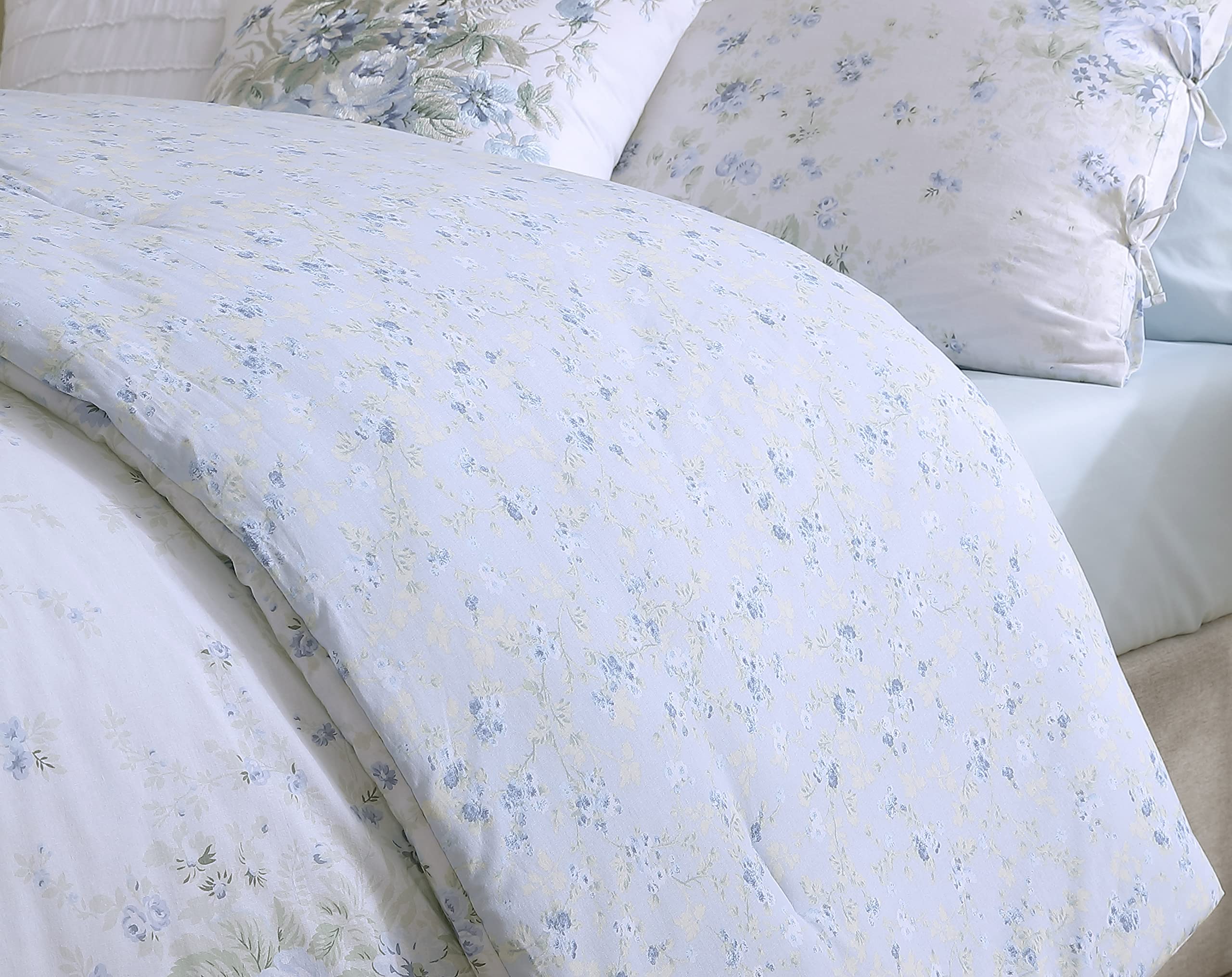 Shabby Chic® - Queen Comforter Set, Reversible Cotton Bedding with Matching Shams, Elegant Floral Home Decor for All Seasons (Bailey Blue, Queen)