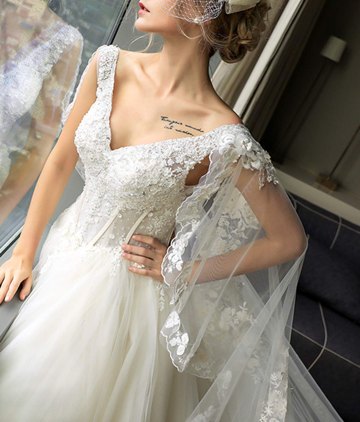 Wedding Cape Veils for Brides Tulle Ivory Cathedral Length Floral Appliques with Pin