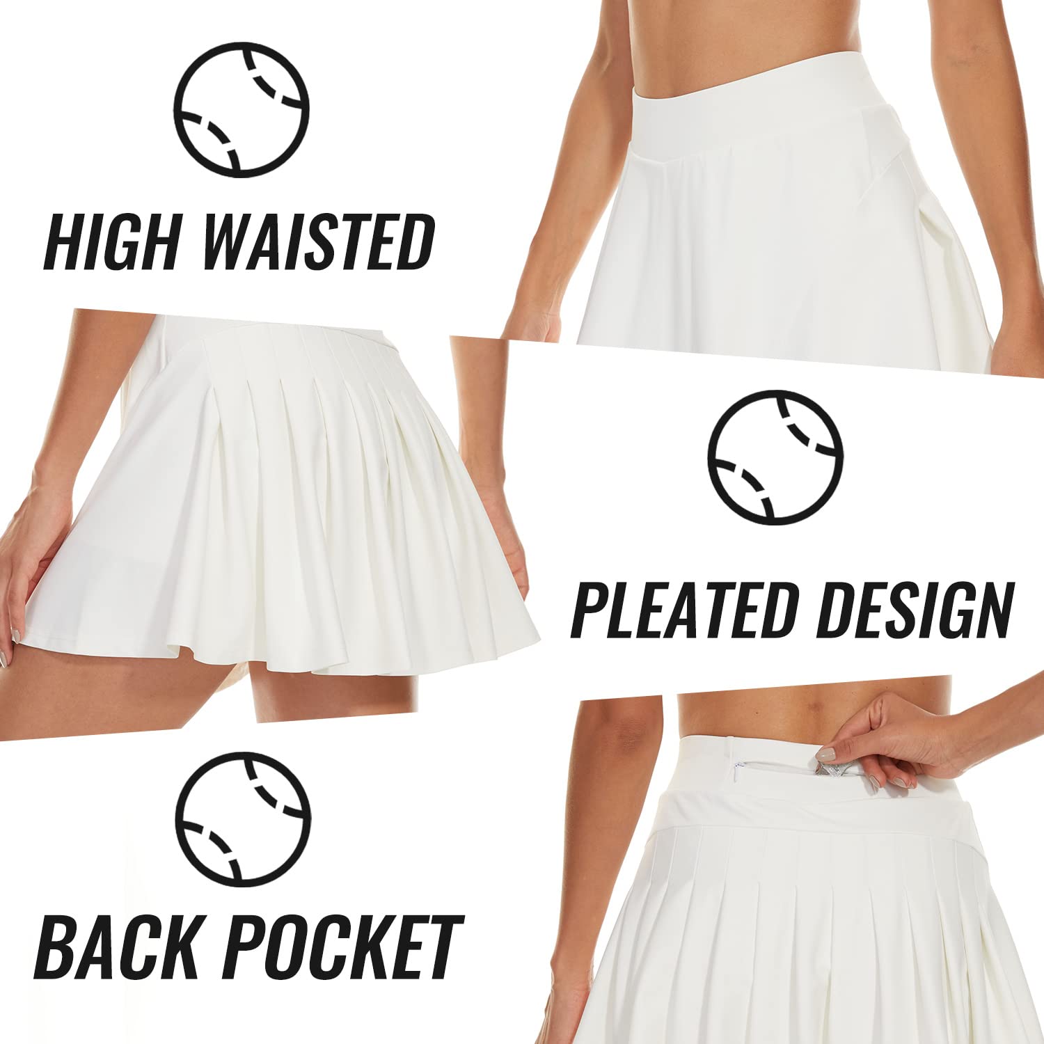 YOLIX Womens Pleated Tennis Skirt, White Golf Skort with Pockets for Running Workout