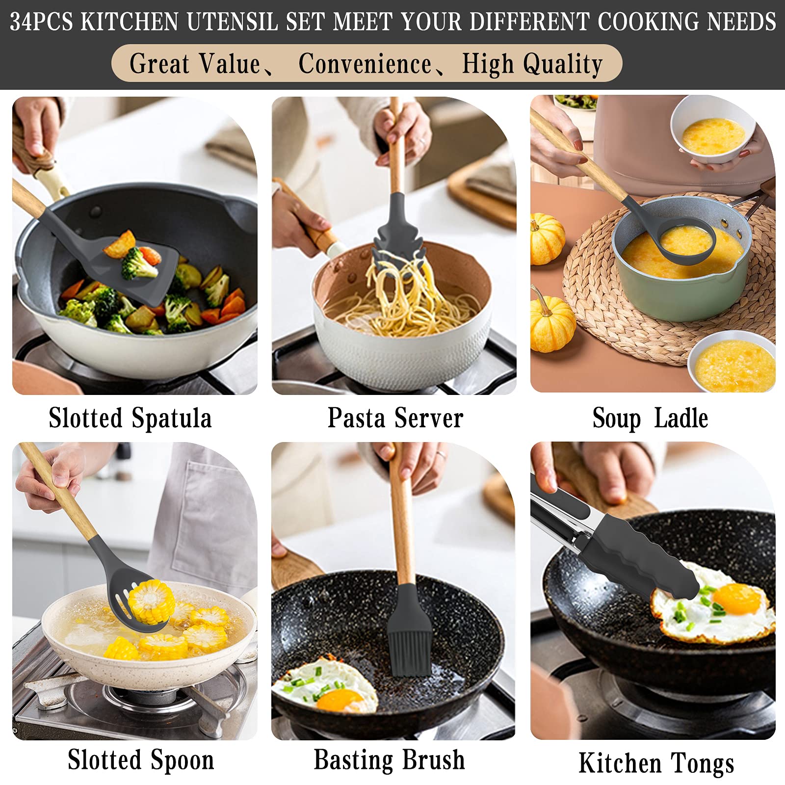 Silicone Cooking Kitchen Utensil Set, Umite Chef 34pcs Heat Resistant Kitchen Utensils with Holder, Kitchen Spatula Set with Wooden Handle, Kitchen Gadget Tools for Nonstick cookware-Grey(BPA Free)