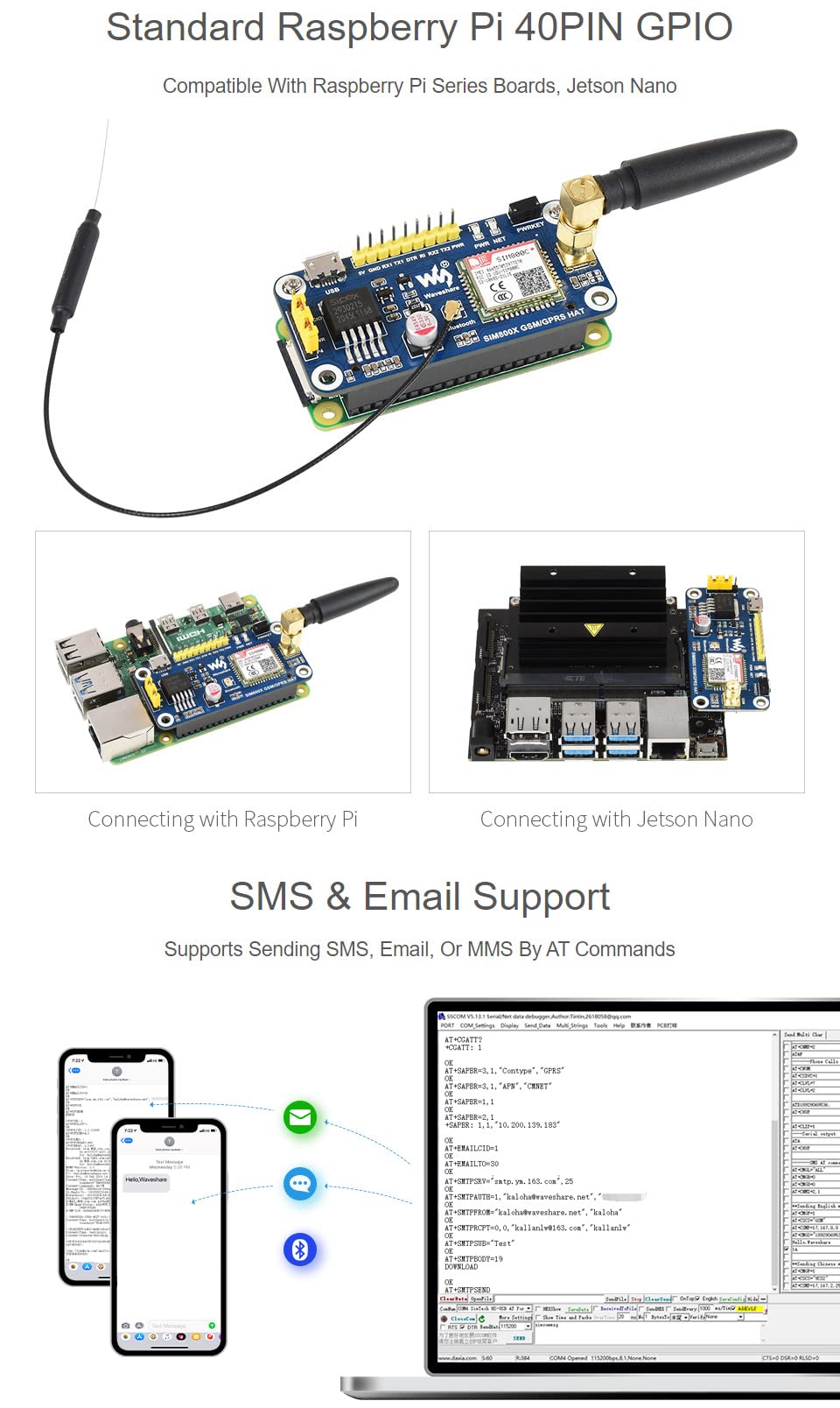 Waveshare GSM/GPRS HAT for Raspberry Pi 2B/3B/3B+/Zero/Zero W/Jetson Nano Based on SIM800C Support SMS Data Transfer ect