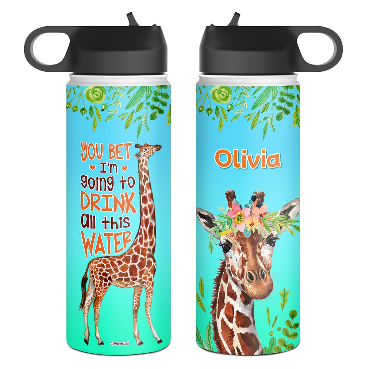 wowcugi Personalized Giraffe Water Bottle Reminder Insulated Stainless Steel Sports Travel Coffee Bottles 12oz 18oz 32oz Back To School Birthday Christmas Custom Gifts for Women Kids Animal Lovers