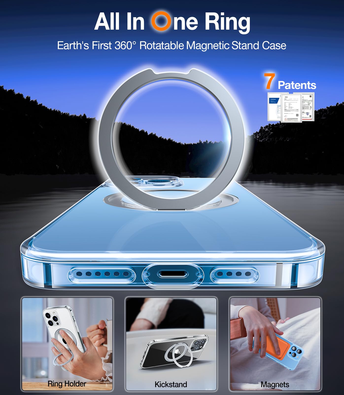 TORRAS 360° Rotatable Ring for iPhone 13 Pro Max Phone Case [Compatible with Magsafe] with Stand, Magnetic Ring Holder Military Grade Shockproof Translucent Back Slim UPRO Ostand Pro,Full Clear