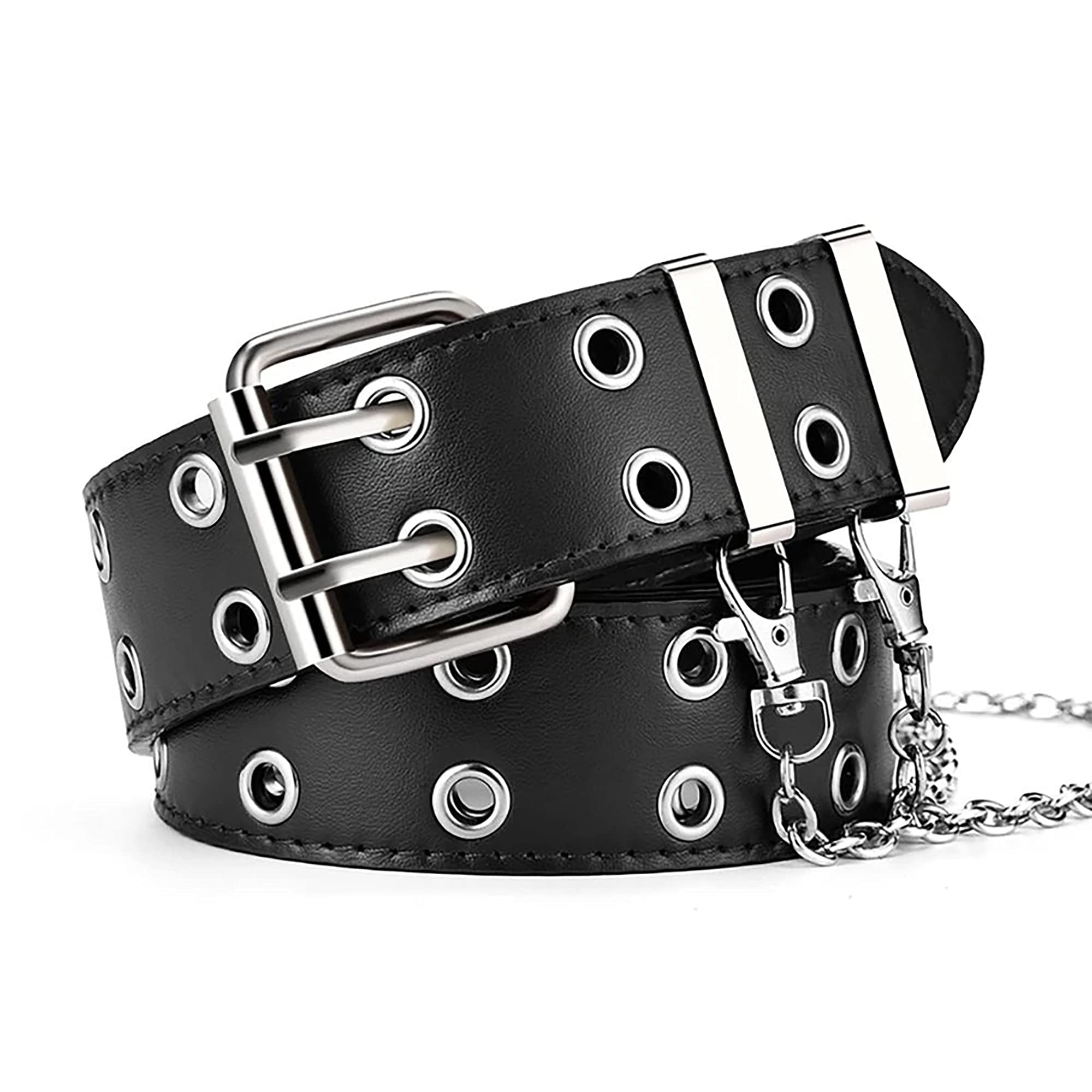 UTOWO Women Grommet-Belt with Chains Waist Belt Punk Style PU Leather (Black1) (free, Black1)