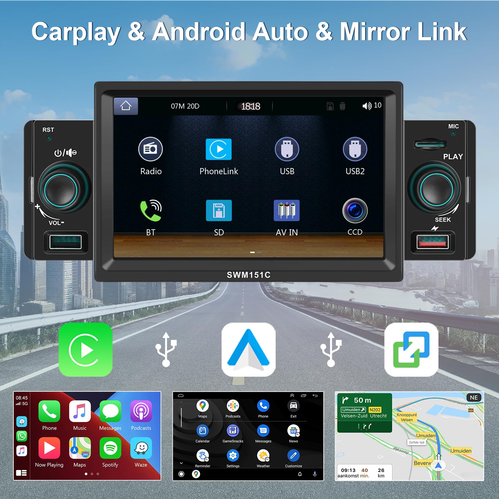 Single Din Car Stereo with Carplay Android Auto, 5 Inch Touch Screen Car Radio with Bluetooth 5.1 FM Radio Mirror Link Voice Control USB Fast Charging SWC TF Dual Mic + 12LED Backup Camera