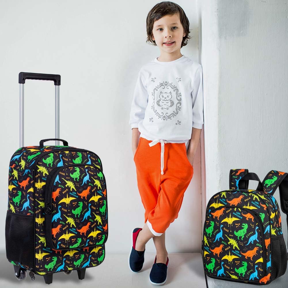 ZLYERT 2PCS Kids Luggage, Boys Carry on Rolling Suitcase and 12" Backpack Set, Dinosaur Travel Suitcases for Toddler Children - Black