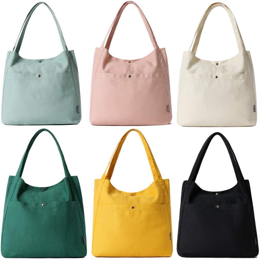 Women Canvas Shoulder Tote Bags Lightweight Hobo Handbags for Work School Top Handle Purse (White)