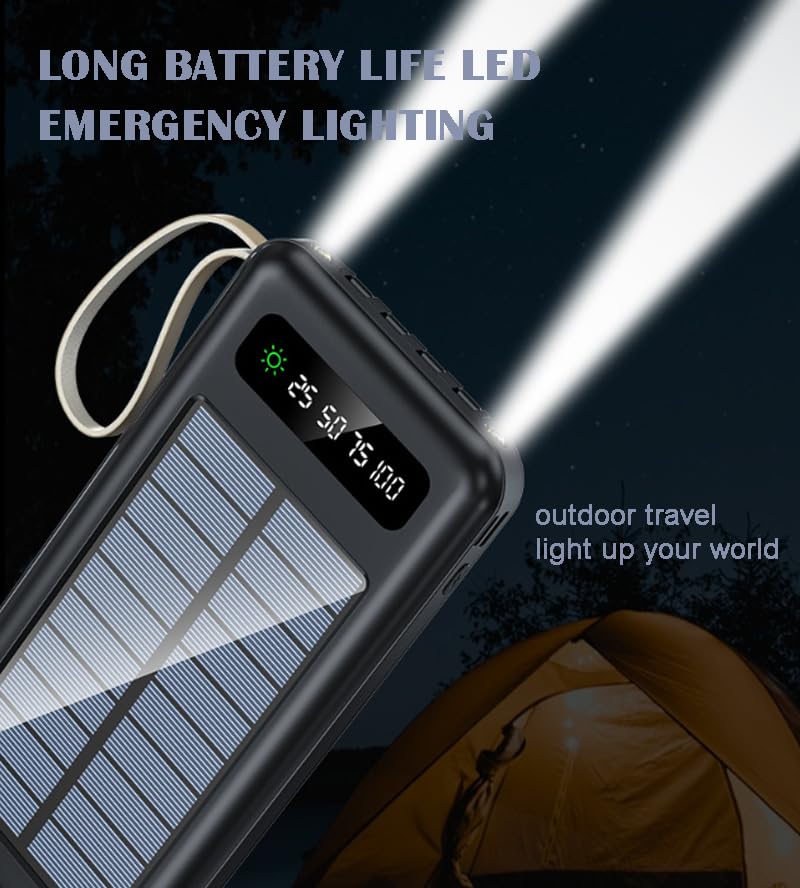 Solar Power Bank, Portable Charger, 20000mAh External Backup Battery Charger, Fast Charging Solar Panel & USB Charging, with line & Light