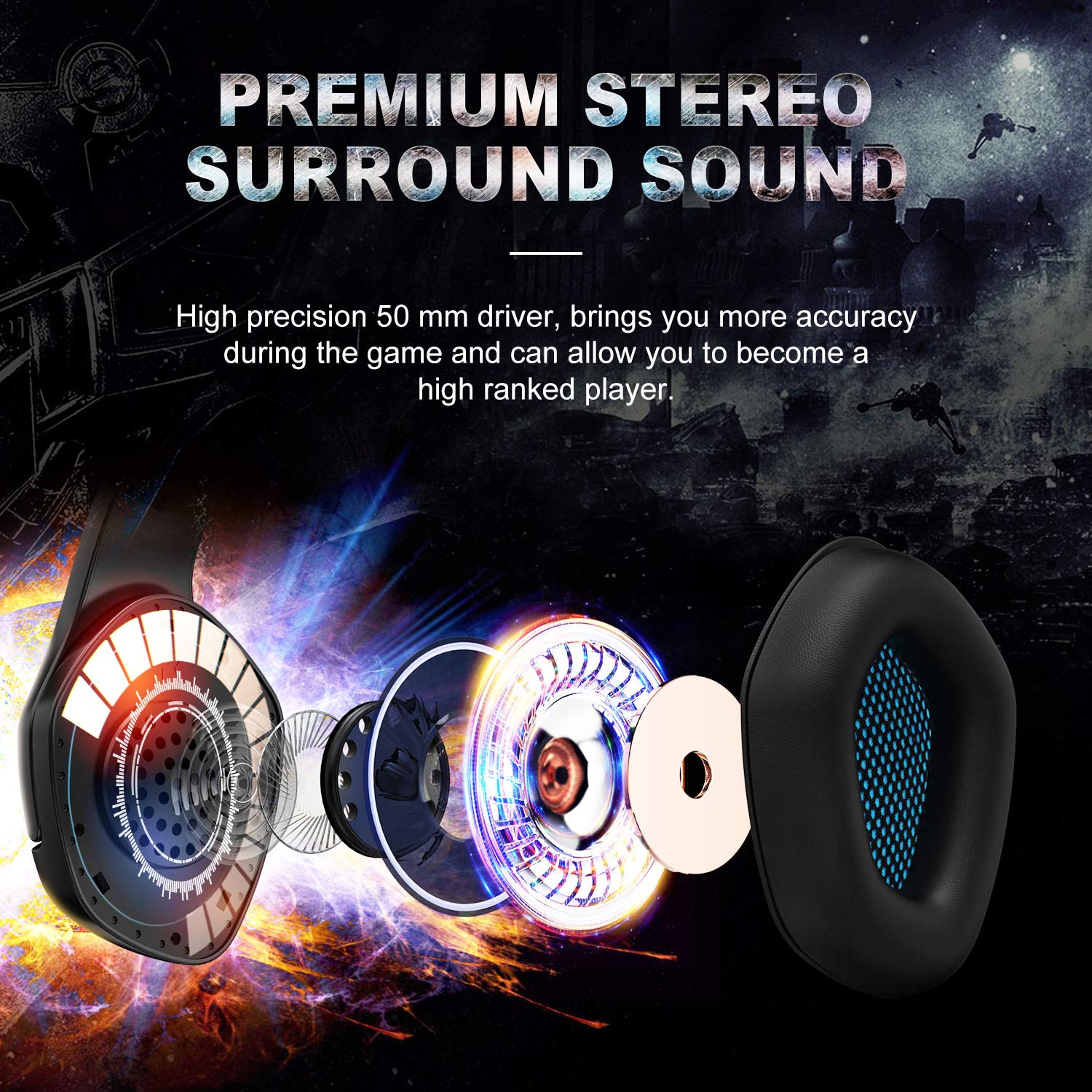 Stereo Gaming Headset, DIOWING,【Upgraded 7.1 Bass Surround Sound】 Over Ear Headphones with Mic for PS4, PC, Xbox One Controller, LED Light, Soft Memory Earmuffs for Laptop Mac Nintendo Switch Games, K1pro (K1pro-Black)
