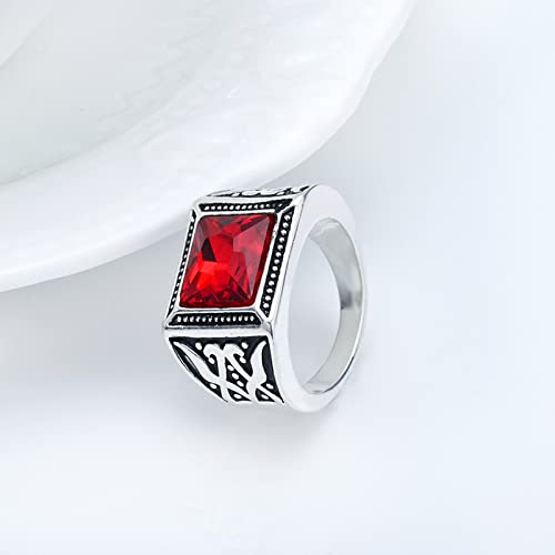 yihan jewelry Unisex Retro Square Diamond Cut Face Red Crystal Band Ring Antique Silver Plated Vintage Patterns Gem Joint Rings Valentine's Day gift (10)