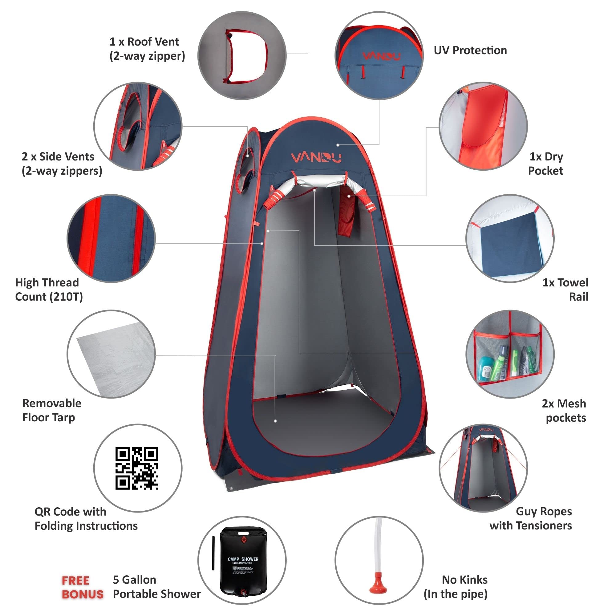 VANDU Pop Up Waterproof Portable Bathroom Tent with Bonus Shower Bag, Ideal for Camping and Beach, Roomy Interior, Easy Setup, UV Protection