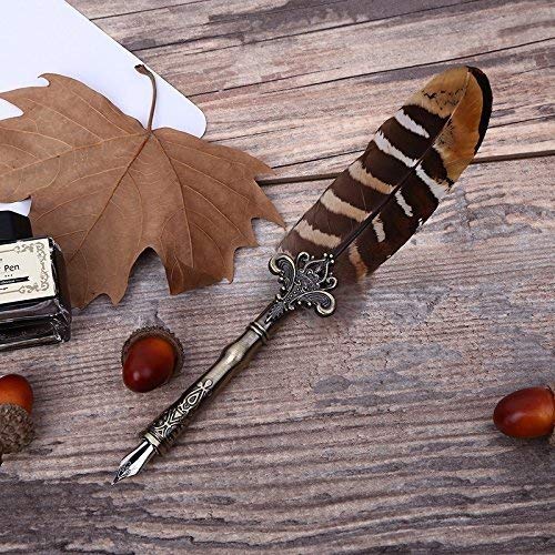Vintage Feather Pens Calligraphy Set Quill Ink Pen Natural Handcrafted Dip Pen with11pcs Extra Pen Metal Nibs Writing Pen Gift Set