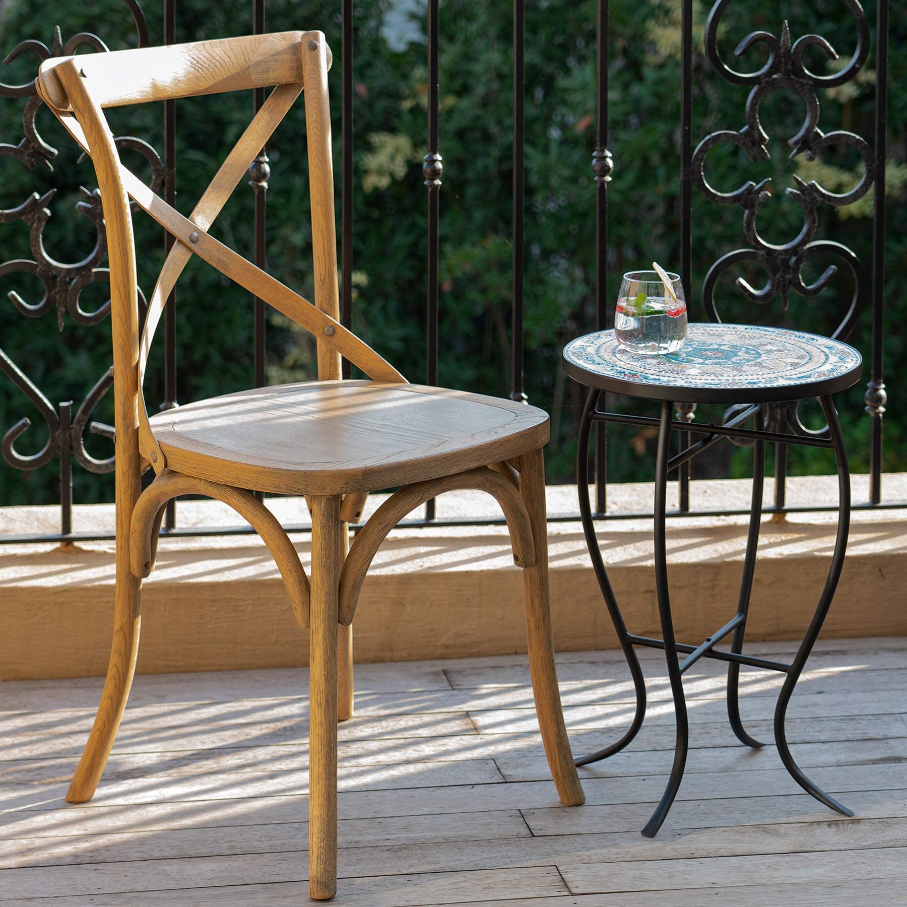 VONLUCE 21" Mosaic Plant Stand, 14 Inch Round Side Table with Ceramic Tile Top + French Vintage Foot Stool with Rustic Wood Legs and Padded Seat