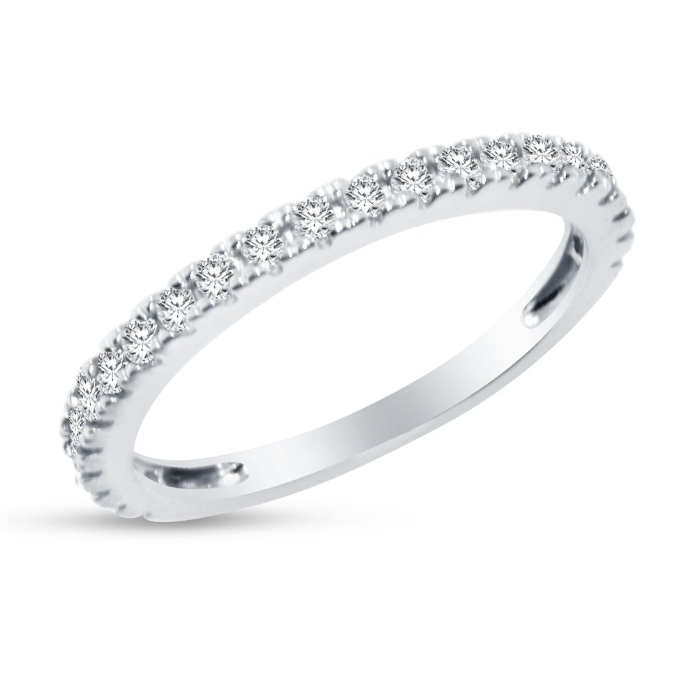 Size - 7 - Solid 14k White Gold 2mm Round Cut Micro Pave Set Anniversary Ring Wedding Band CZ Cubic Zirconia 1/2 cttw.