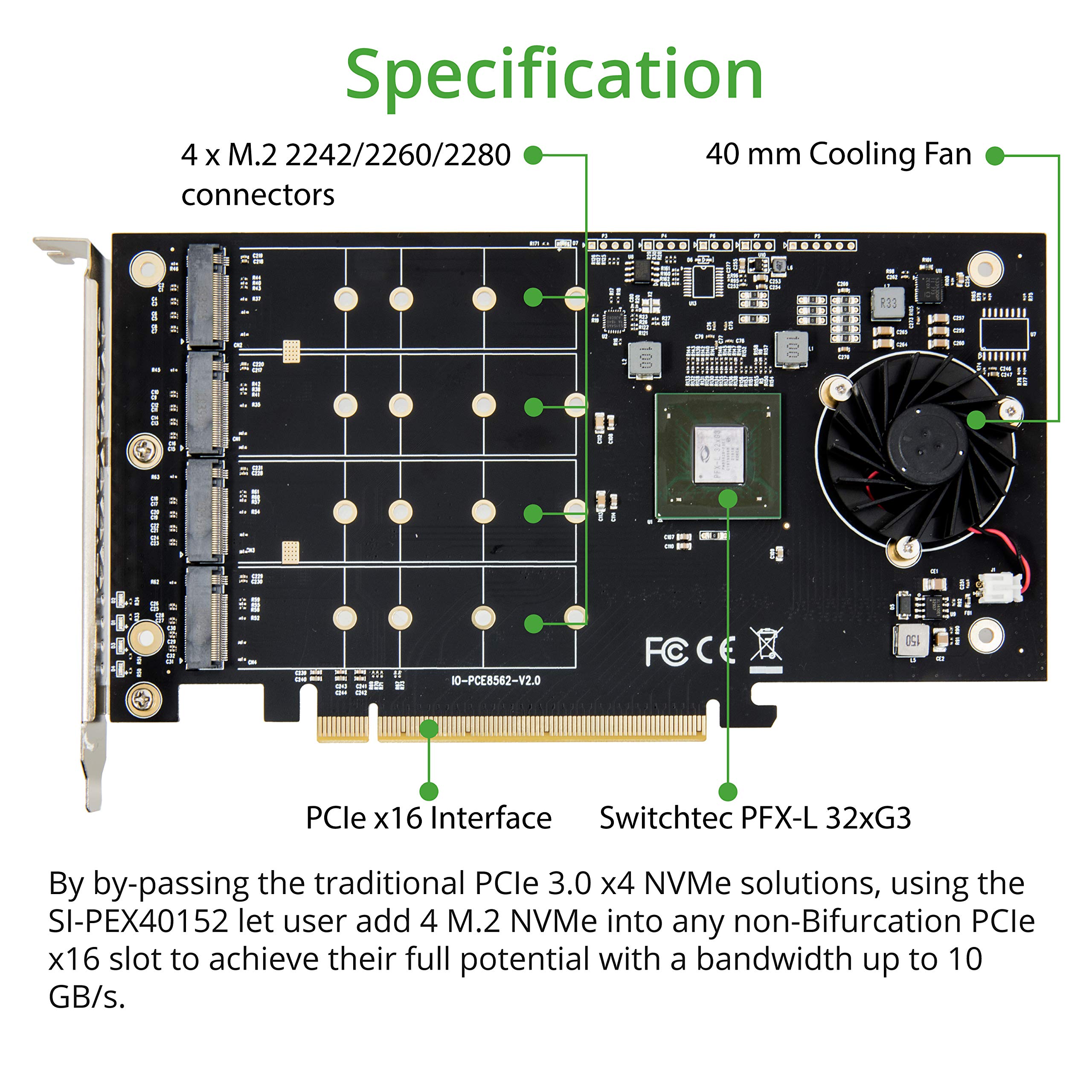 Quad M.2 NVMe Ports to PCIe 3.0 x16 Bifurcation Riser Controller - Support Non-Bifurcation Motherboard