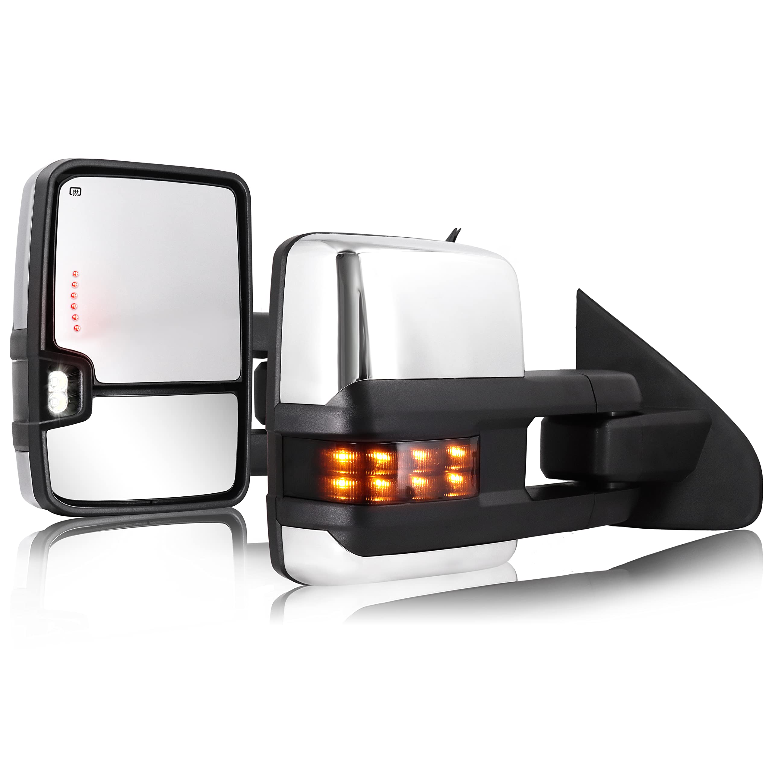 Towing Mirror Compatible with 2014-2018 Chevy Silverado GMC Sierra 1500 2500 HD 3500 HD with Power Adjusted Heated Glass Running Turn Signal Lights Light (Chrome Back)