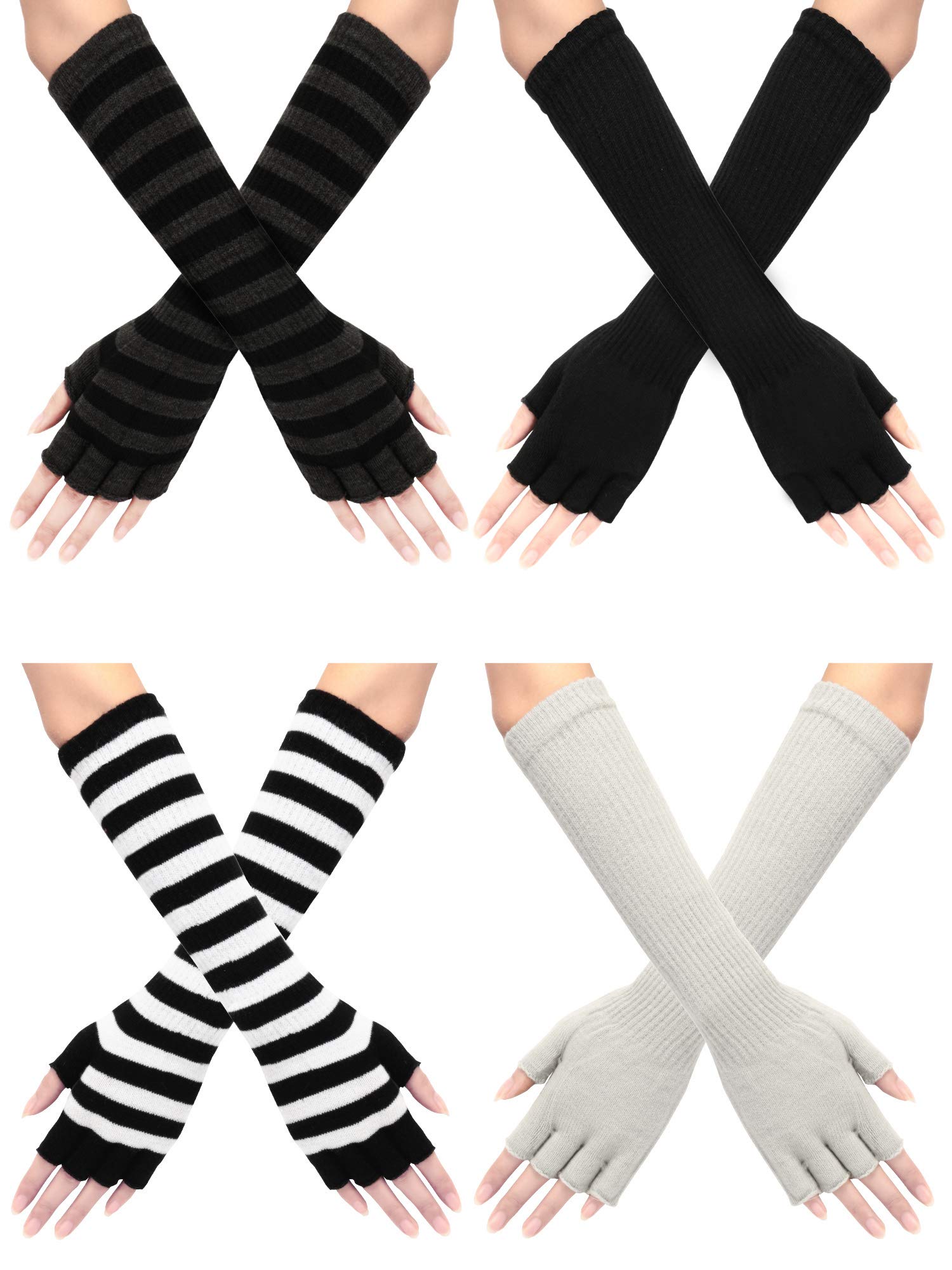 SATINIOR 4 Pairs Winter Long Fingerless Gloves Elbow Length Gloves Arm Warmer for Women (Black, Light Grey, Black White Stripe, Black Dark Grey Stripe, 11.8 Inch)