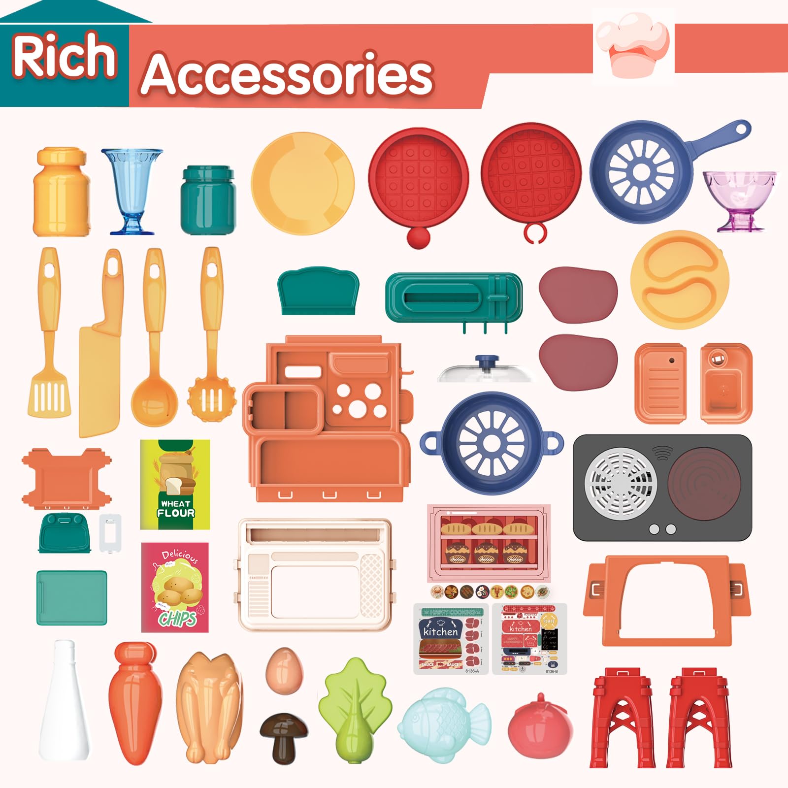 UNIH Kitchen Playset Toy, Play Kitchen for Kids, 54 PCS Kitchen Accessories Set for 3 4 5 Years Old Girls Boys