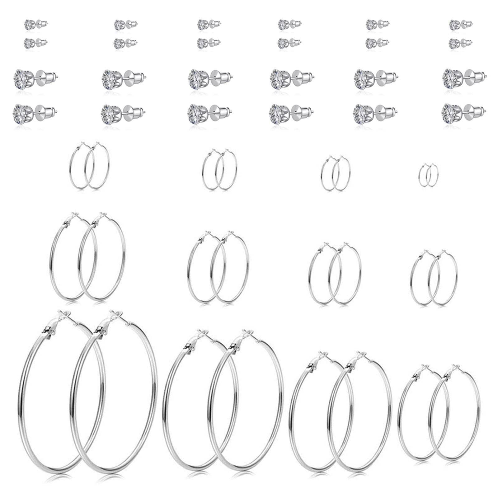 Spiritlele 24 Pairs Silver Hoop Earrings Lightweight Multipack Cubic Zirconia Earrings Assorted Earrings Set for Women