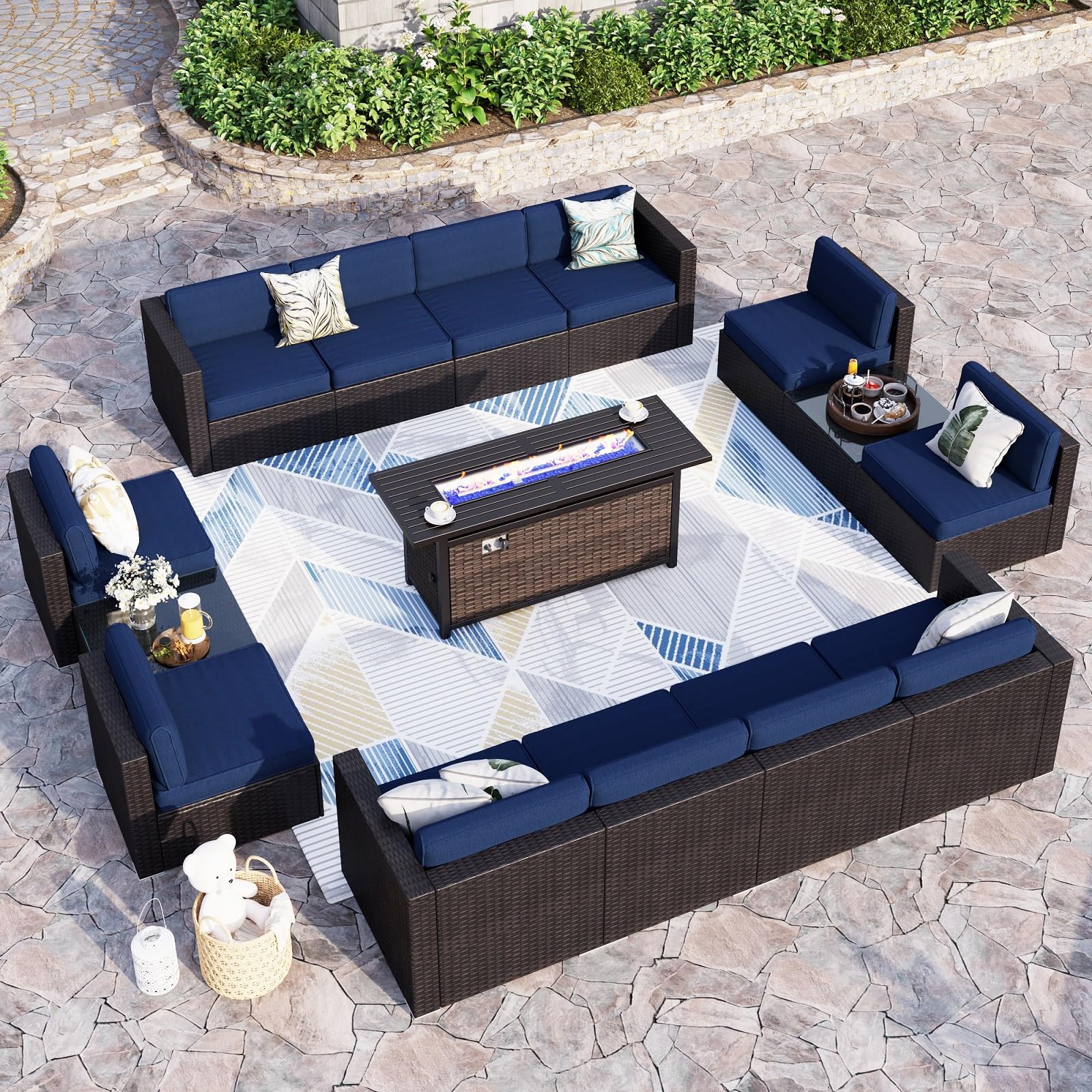 Sophia & William Patio Furniture Set with Fire Pit Table,15 Piece Outdoor Wicker Conversation Set with 56-Inch Fire Pit, Rattan Sectional Sofa, Navy Blue