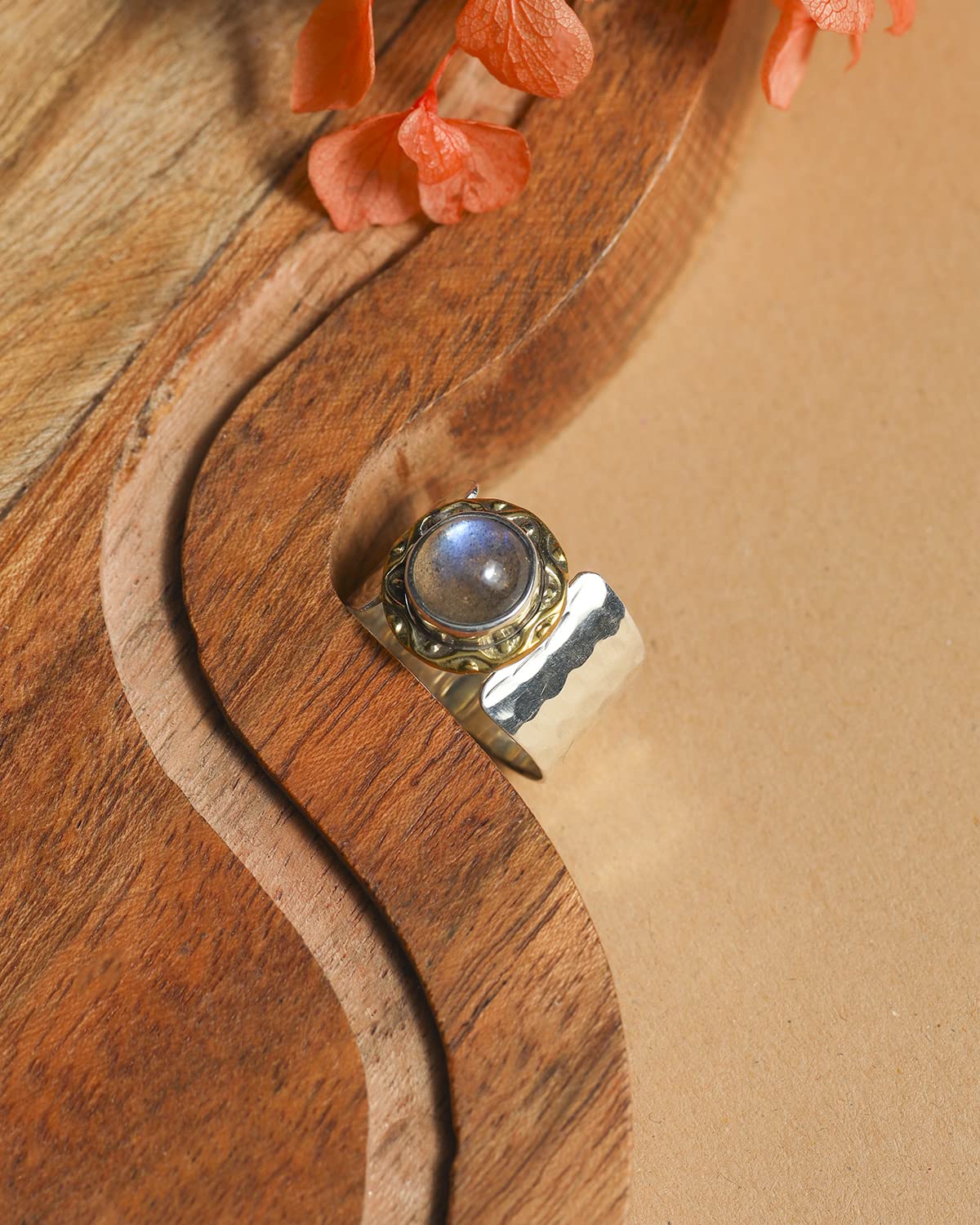 YoTreasure Labradorite Solid 925 Sterling Silver Brass Wide Band Bold Ring