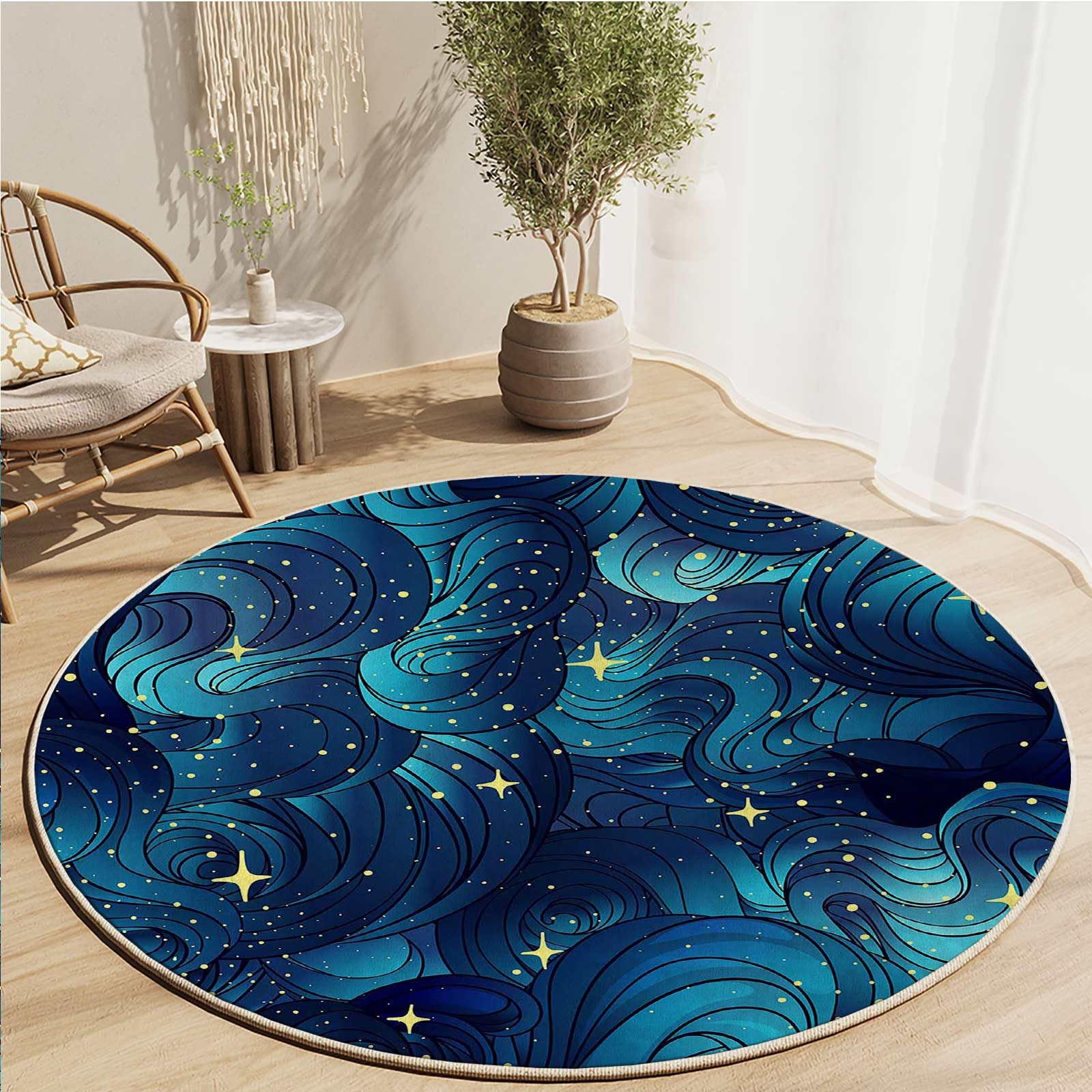 Round Office Chair Mat for Carpets Natural Ocean Thick Home/Office Floor Protector Blue Desk Chair Mats for Home Office Floor Carpets 4 FT