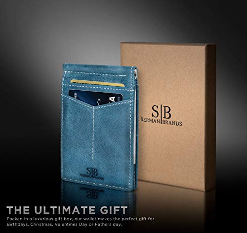 SERMAN BRANDS RFID Blocking Wallet Slim Bifold - Genuine Leather Minimalist Front Pocket Wallets for Men with Money Clip Gift (Arctic Blue Rogue)