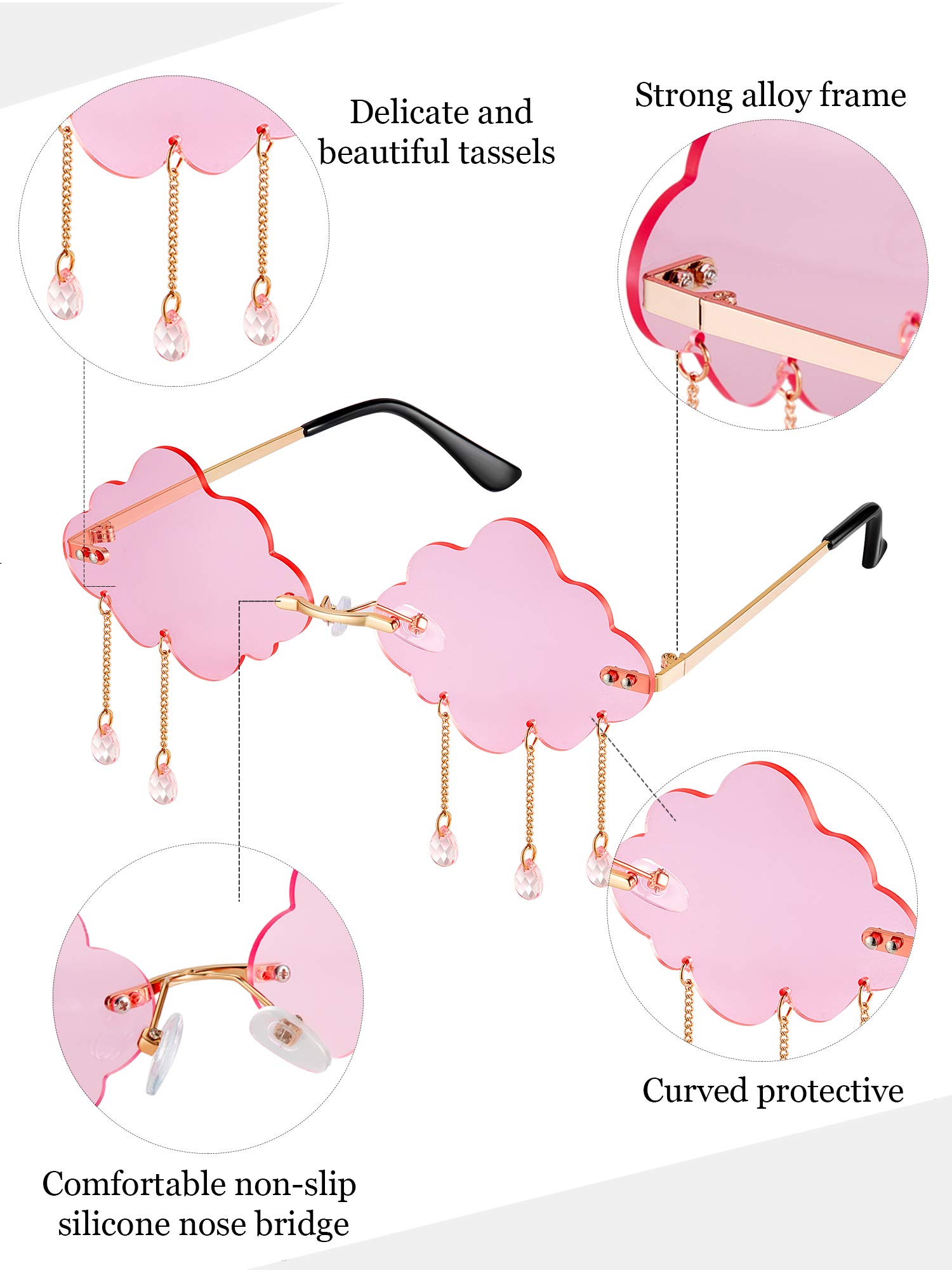Weewooday 4 Pairs Cloud Sunglasses Raindrop Colorful Rimless Cute Sunglasses Funny Heart Flame Shaped Disco Glasses for Women Men