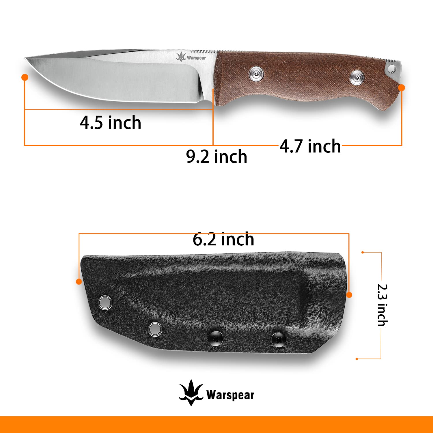 Warspear Fixed Blade Hunting Knife with Kydex Sheath D2 Steel Tactical Knife Outdoor Camping Survival Knife with Micarta Handle