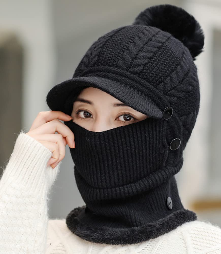 Women One Piece Slouchy Fleece Beanie Hats Scarf Mask Warm Winter Knitted Hat Thick Skull Ski Cap A-Black