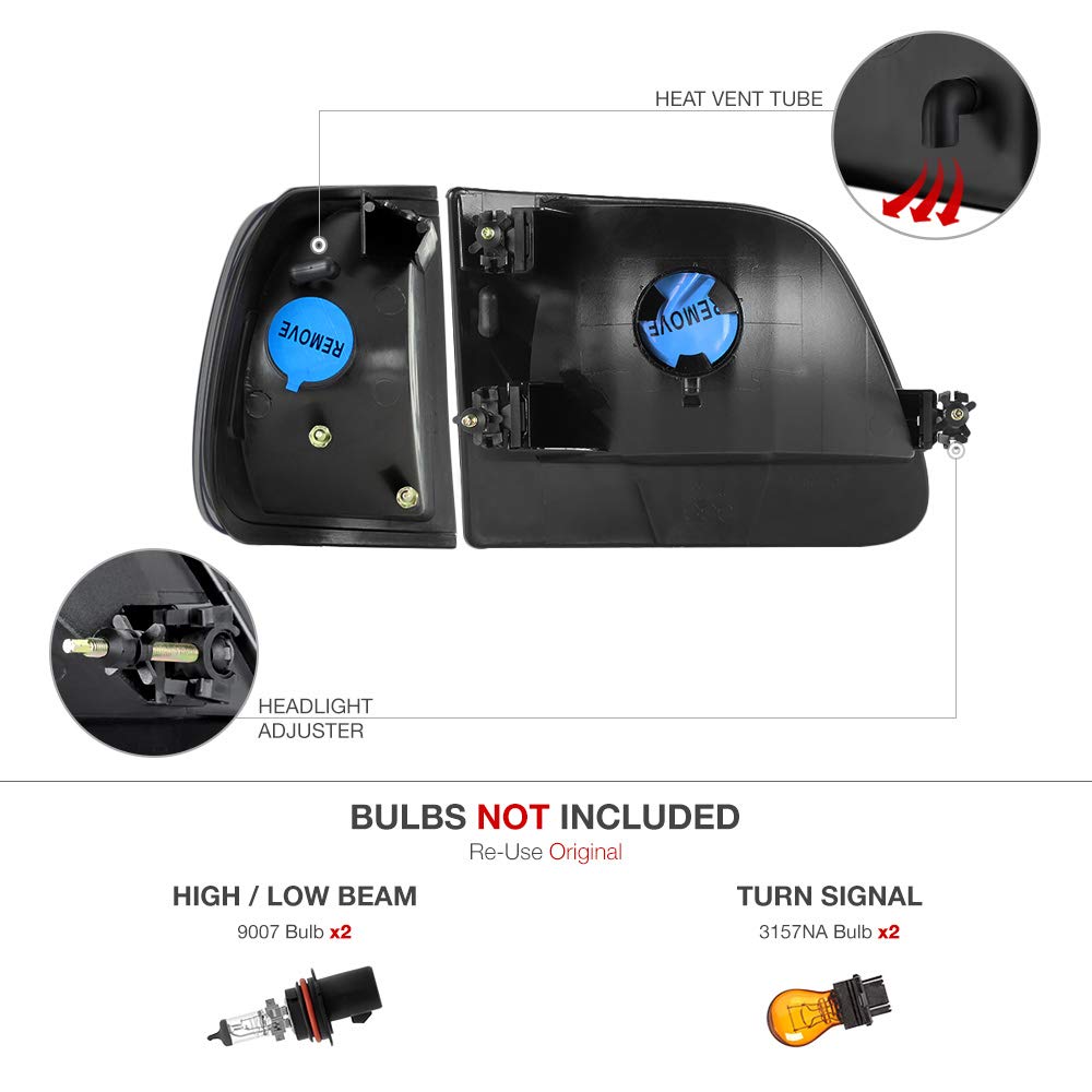 VIPMOTOZ For 1997-2003 Ford F150 Headlights & Turn Signal Cornering Lamps - Matte Black Housing, Driver and Passenger Side