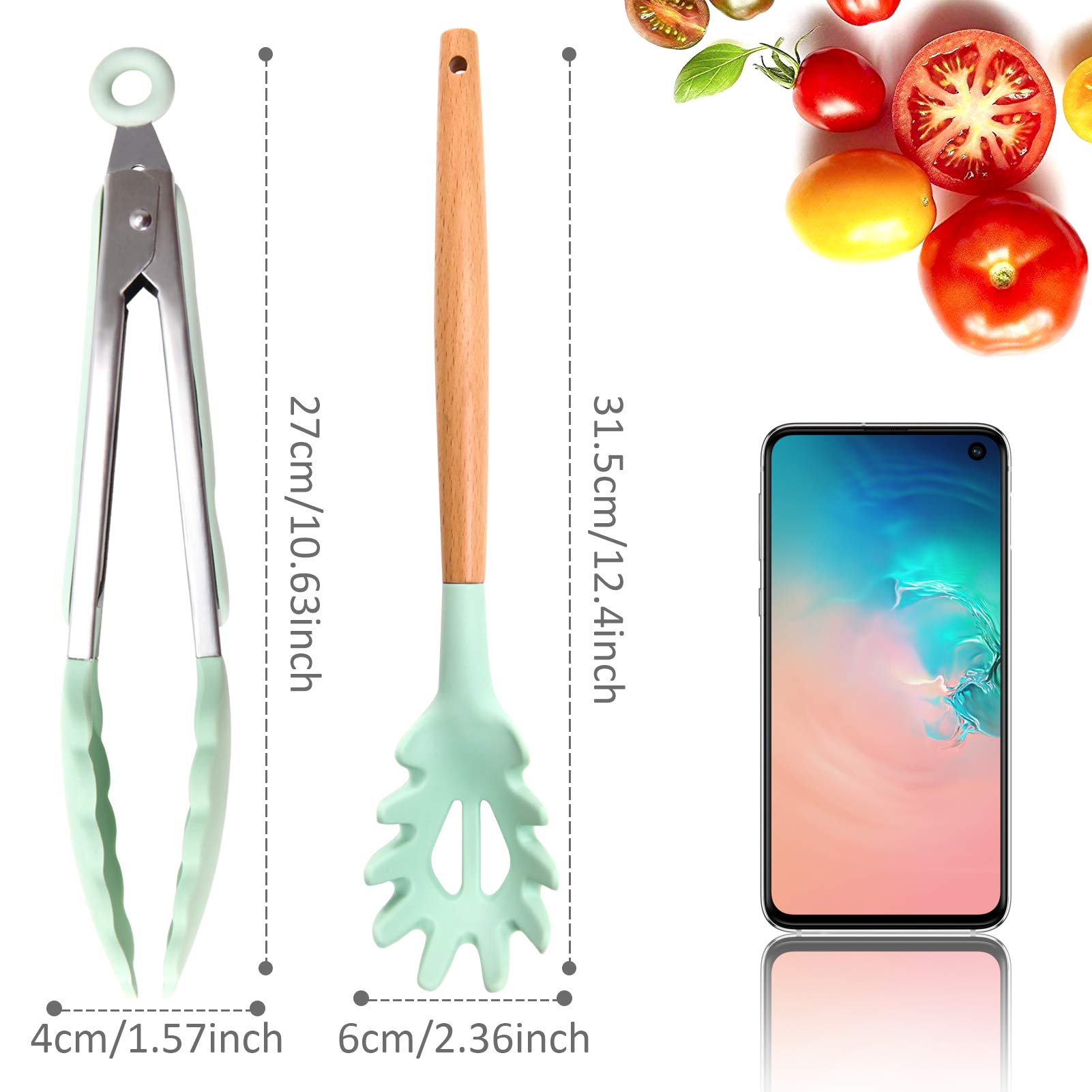 Silicone Pasta Fork, Kitchen Tong, 12.5 Inch Pasta Spoon and 10.6 Inch Spaghetti Pasta Tong Spaghetti Server Set, Best Heat Resistant Serving Kitchen Baking Cooking Tools 2PC
