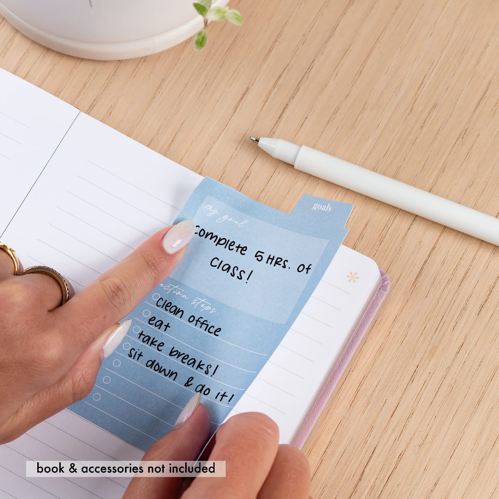 Tabbed Sticky Notes - Blue. Goals Layout. Set Goals, Track Progress, Check Off Accomplishments and Tab Important Pages. Boxed and Checklist Sections. 3.15" X 3.85". 20 Sheets by Erin Condren.