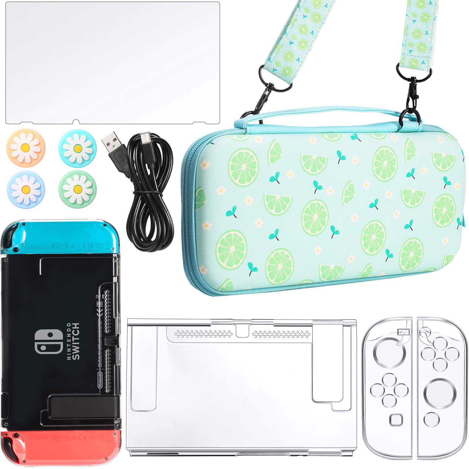 Weewooday Green Lemon Printed Carry Case Compatible with Nintendo Switch Accessories and Hard Shell Protective Case and Screen Protector, 4 Pieces Thumb Grip Covers and Data Cable