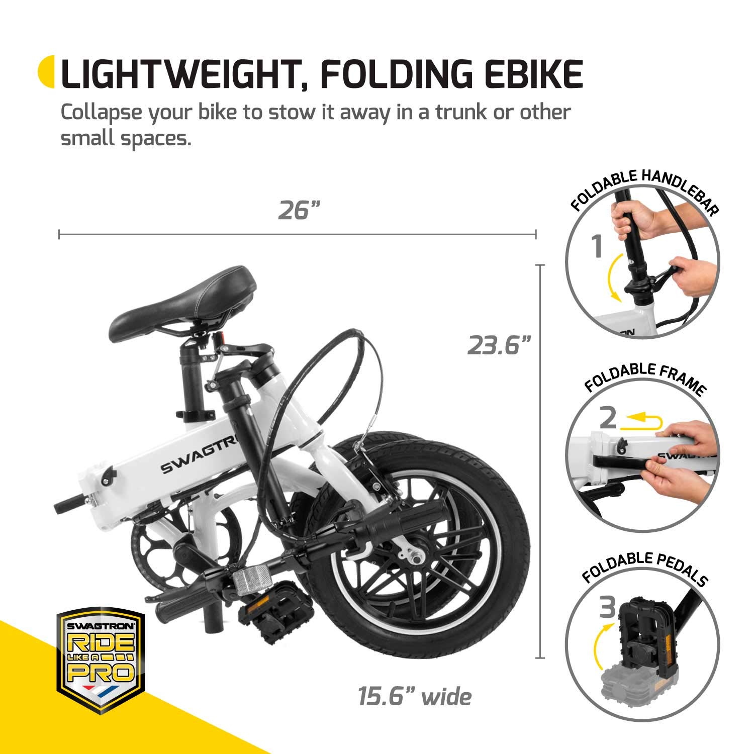 Swagtron Swagcycle EB-5 Lightweight Aluminum Folding Electric Bike with Pedals, Black, 58cm/Medium