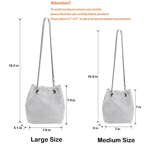 Women's Evening Bag- Upgraded Larger Size Full Rhinestones Bucket Bag Shining Crossbody Bag Shoulder Bag for Party Wedding Date Night (Large (7.9''x7.9‘’x5.1''), Silver)